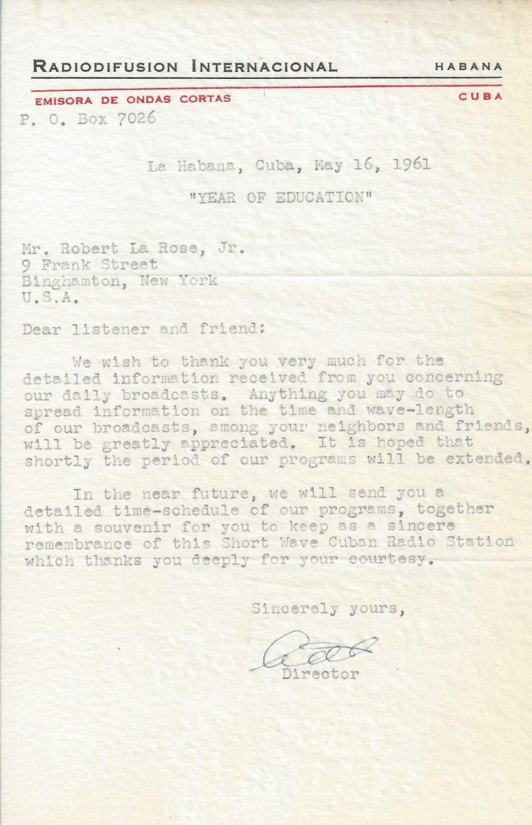 Bob’s 1961 Radio Havana Cuba QSL Card and full text from DXers ...