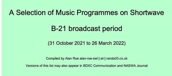 Alan Roe’s B-21 season guide to music on shortwave | The SWLing Post