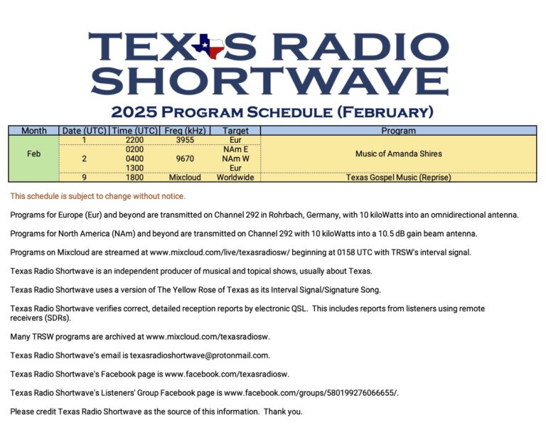 Texas Radio Shortwave: Program Schedule for February 2025 | The SWLing Post
