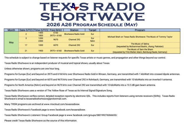 Texas Radio Shortwave: Schedule for May 2026 | The SWLing Post